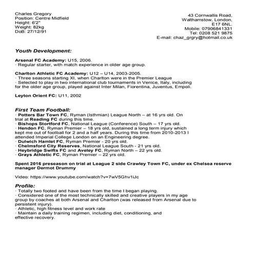 Charlie Gregory Football CV | PDF