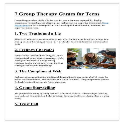 Effective Group Therapy for Teens: Building Support and Resilience | PDF