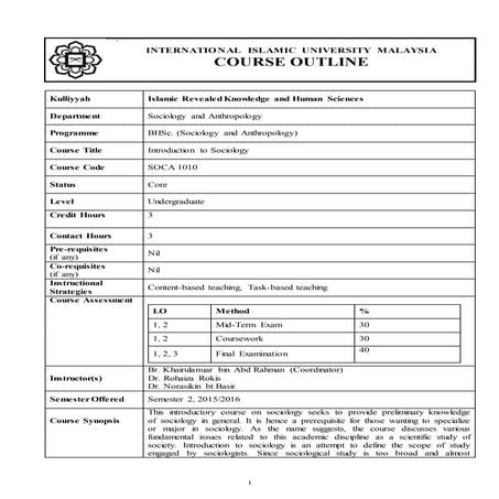 SOCA 1010 - Course Outline Sem 2 15/16 | PDF