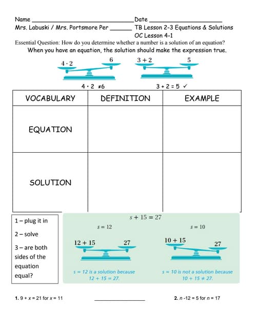 Lesson 2 3 equations and solution | PDF