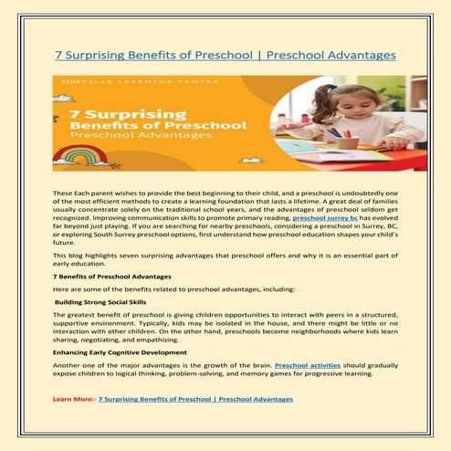 7 Surprising Benefits of Preschool | Preschool Advantages | PDF
