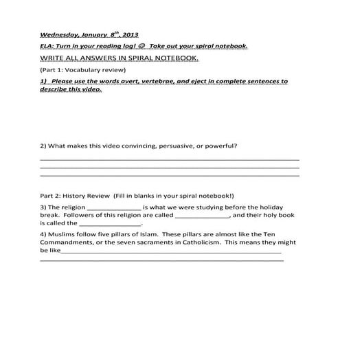 7th grade warm ups 2014 wednesday! | DOCX