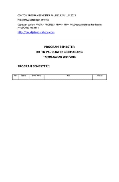 Contoh promes taman kanak kanak semester 1 | PDF