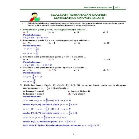 (8.5.1) soal dan pembahasan gradien, matematika sltp kelas 8 | DOCX