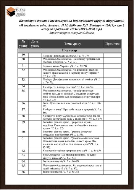 2Календарно тематичне планування Я досліджую світ на 2 семестр для 1 класу за Т Гільберг Doc