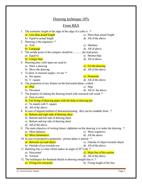 Engineering drawing practice questions first semester - 2019-2020 (1) | PDF