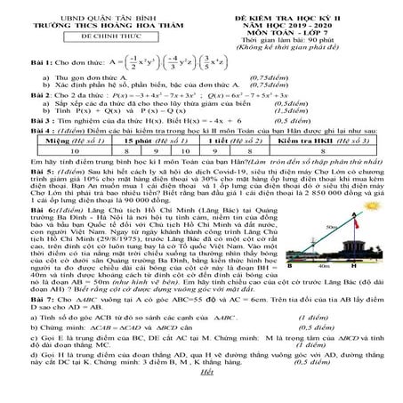 Đề Thi HK2 Toán 7 - THCS Hoàng Hoa Thám | PDF
