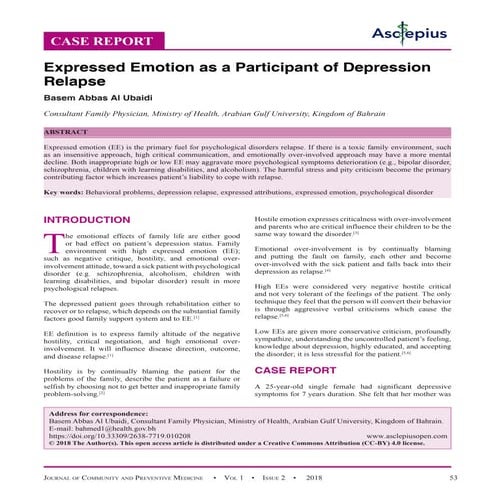 Expressed Emotion as a Participant of Depression Relapse | PDF