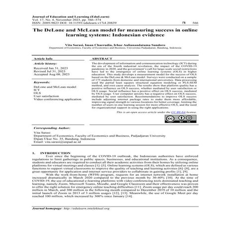 The DeLone and McLean model for measuring success in online learning systems: Indonesian ...