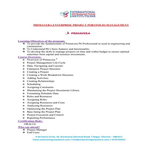 Primavera Training | PDF