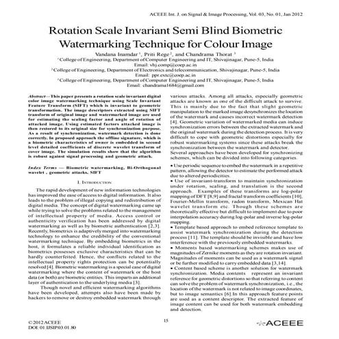 Rotation Scale Invariant Semi Blind Biometric Watermarking Technique for Colour Image | PDF