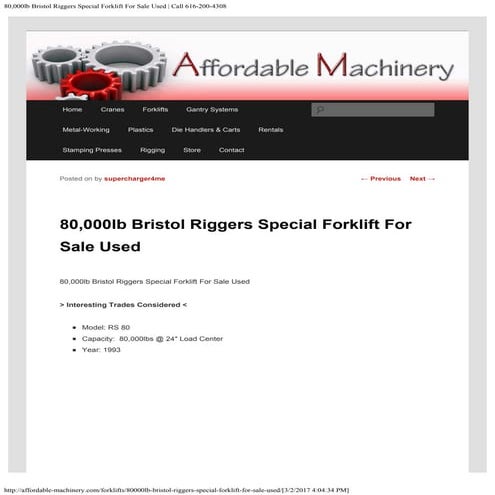 80,000lb Bristol Riggers Special Forklift For Sale Used | PDF