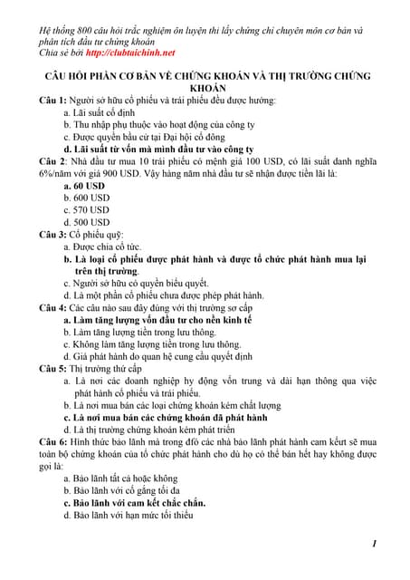 500 câu hỏi trắc nghiệm cơ bản về chứng khoán và thị trường chứng khoán | PDF