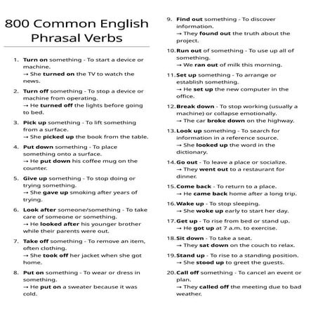 800 Common English Phrasal Verbs with meaning and example sentences | DOCX