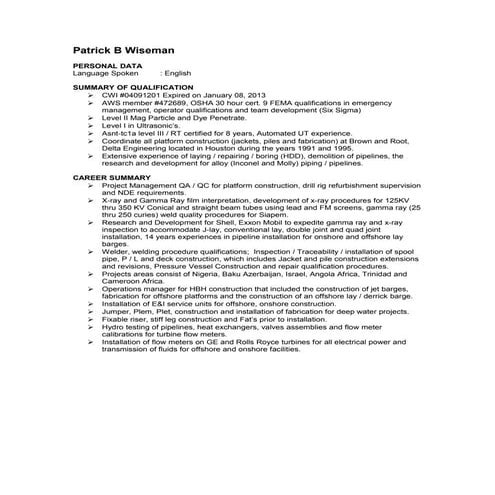 Patrick B Wiseman work experience | PDF