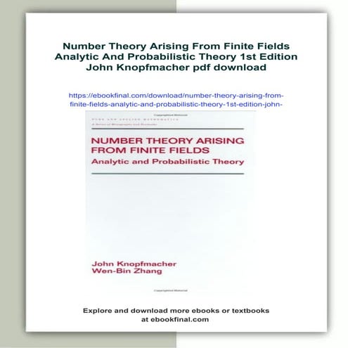 Number Theory Arising From Finite Fields Analytic And Probabilistic Theory 1st Edition John ...
