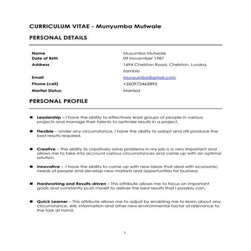 Curriculum vitae - Munyumba Mutwale August 2016 | PDF