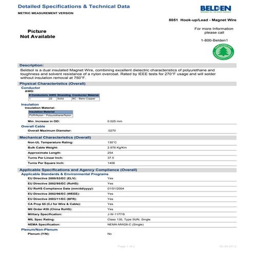 Tyco Rochester Dataline Cable Specifications | PDF