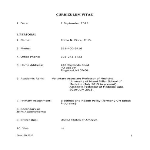 Fiore Robin N - CURRICULUM VITAE - 1 September 2015 | PDF