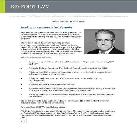 Philip Diviny - press release 26.7.16