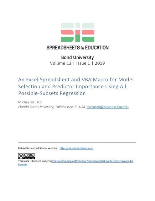 8064 An Excel Spreadsheet And Vba Macro For Model Selection And