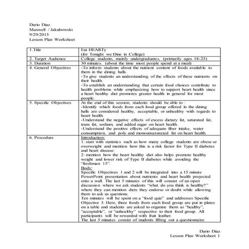 FCNS 409 Lesson Plan Worksheet | PDF