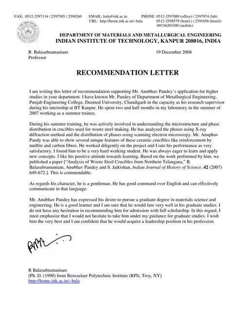 recommendation letter - prof. G Sivakumar, H.O.D. cfdvs, IIT BOMBAY | PDF