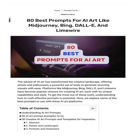 80 Best Prompts for AI Art like Midjourney, Bing, DALL-E, and Limewire.pdf