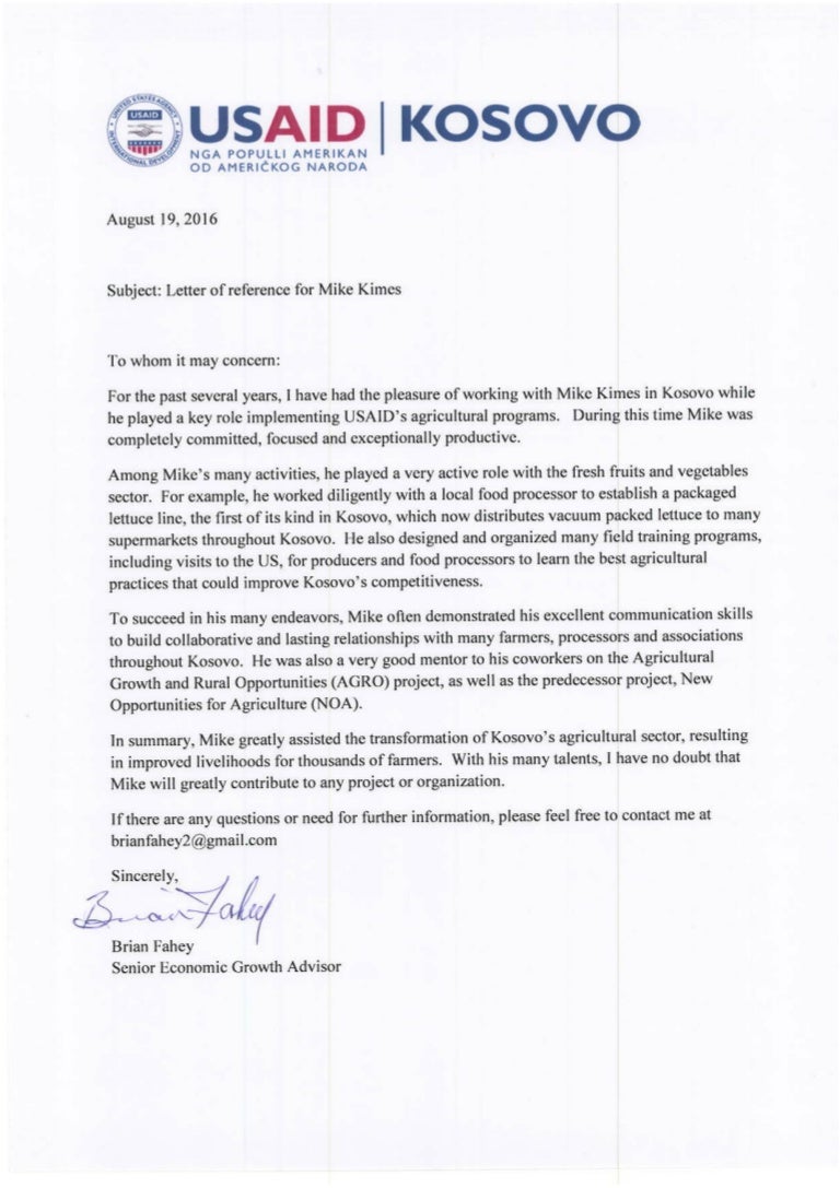 Letter of reference, signed