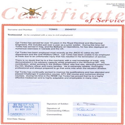 British Army Certificate of Service Testamonial.PDF