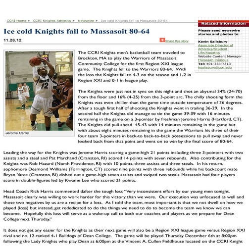 Ice cold Knights fall to Massasoit 80-64- Newswire - Athletics ...