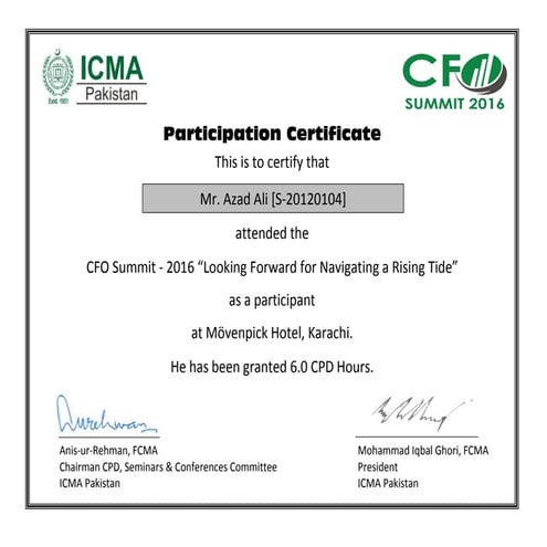 Azad Ali - CFO Summit 2016 Certificate | PPT