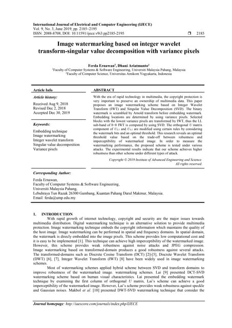 Image Watermarking Based On Integer Wavelet Transform Singular Value Decomposition With Variance