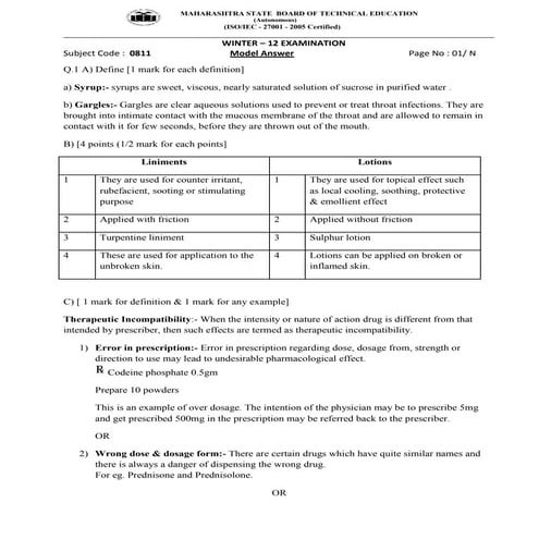 diploma pharmacy 2nd year msbte model answer key | PDF