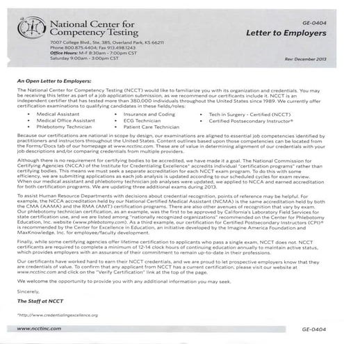 NCCT Letter to Employers | PDF