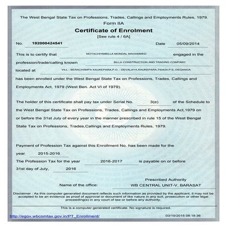 PTaxEnrollmentCertificate_2015-16 | PDF