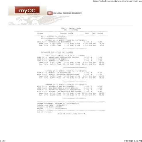 Daniel Clark's OC Transcript | PDF