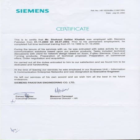 Siemens Experience Certificate | PDF