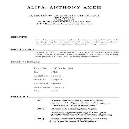 Alifa Anthony Ameh (CV) | DOCX | Civil Engineering Industry | Industries