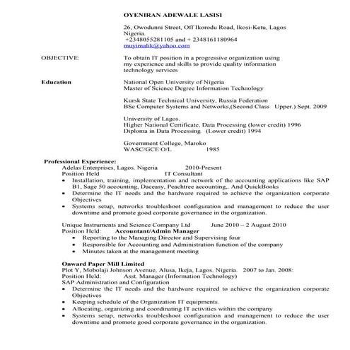 OYENIRAN ADEWALE LASISI CV 2014 | PDF