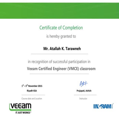 Veeam Completion Certificate Atallah K. Tarawneh | PPT