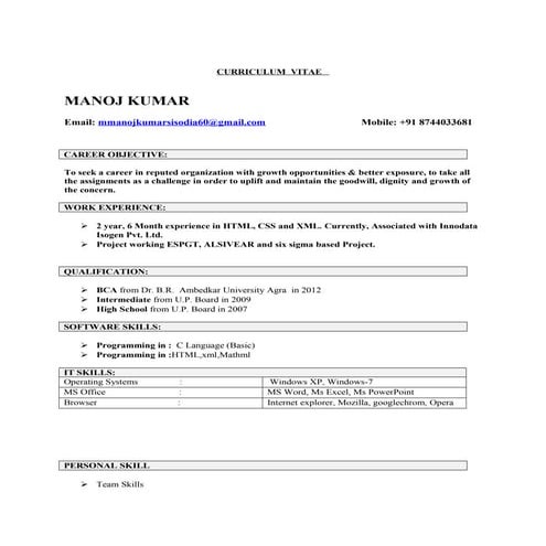 MANOJ KUMAR RESUME | DOC