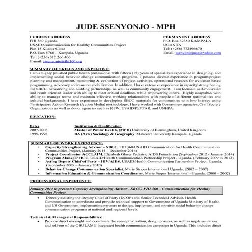JUDE SSENYONJO CV January 2017 | PDF