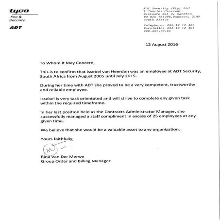 CV REFERENCE LETTER ADT R.V.D.MERWE | PDF | Careers