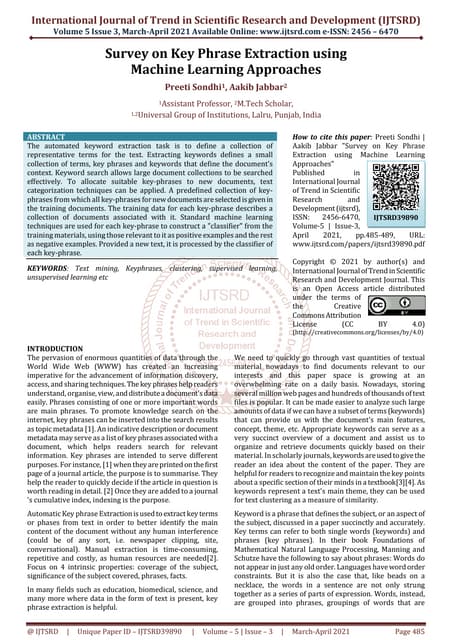 Survey On Key Phrase Extraction Using Machine Learning Approaches Pdf