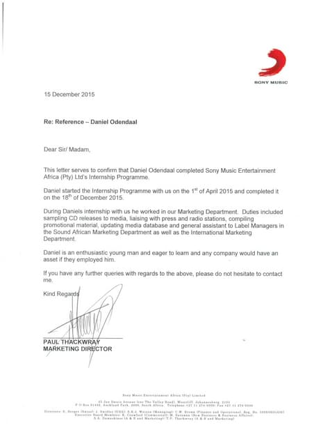 Daniel Reference Letter - Universal Music Publishing | PDF