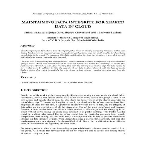 Maintaining Data Integrity For Shared Data In Cloud Pdf