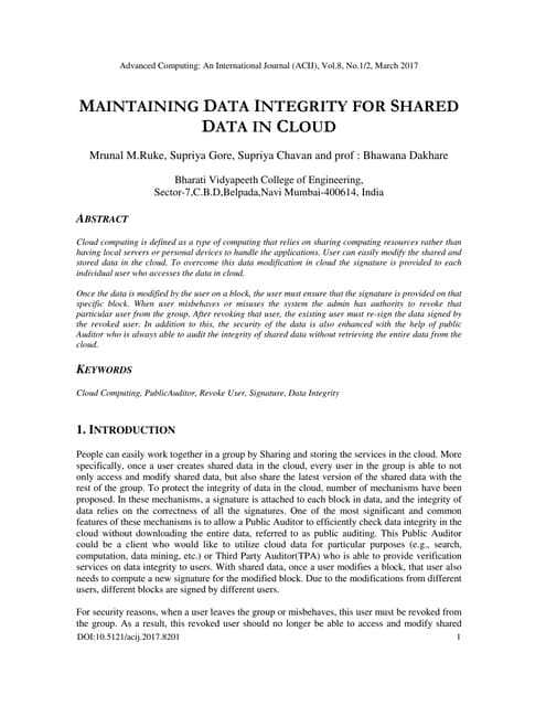 Maintaining Data Integrity for Shared Data in Cloud | PDF