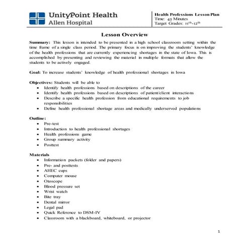 Health Professions Lesson Plan | PDF