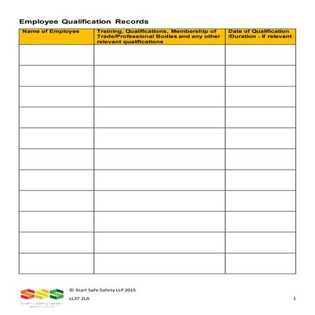 Blank Employee Qualification Records Start Safe Safety 2015 (F1) | DOCX